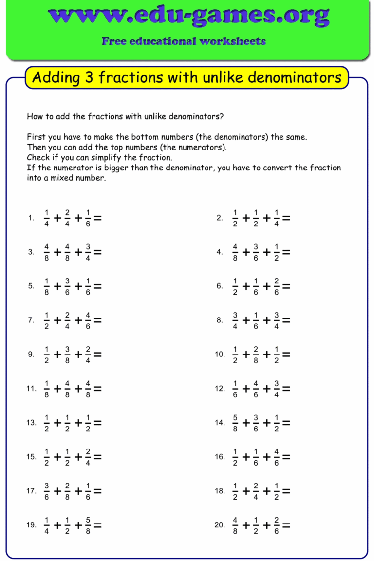 Adding Multiple Fractions With Unlike Denominators Worksheets ... Adding Multiple Fractions With Unlike Denominators Worksheets ...