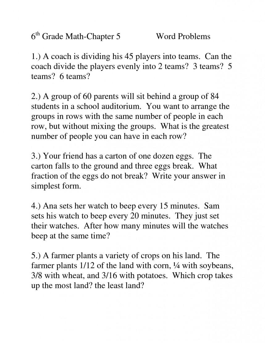Grade 5 Math Word Problems Worksheet Dividing Fractions
